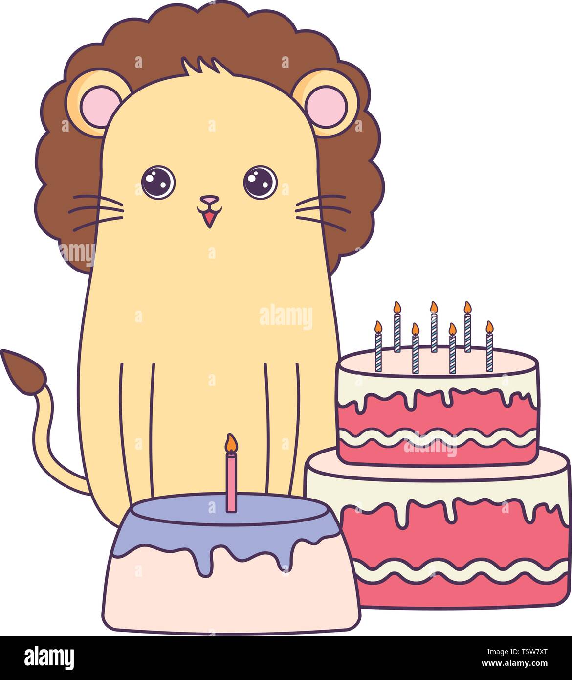cute lion with cakes of birthday vector illustration design Stock ...