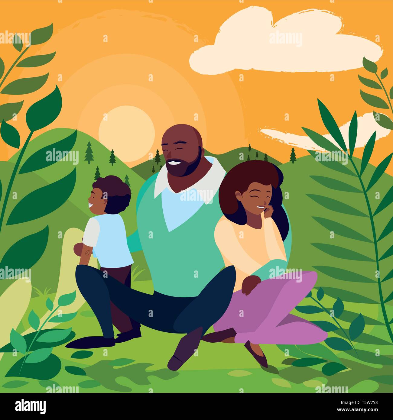 black parents couple with son in the landscape vector illustration ...