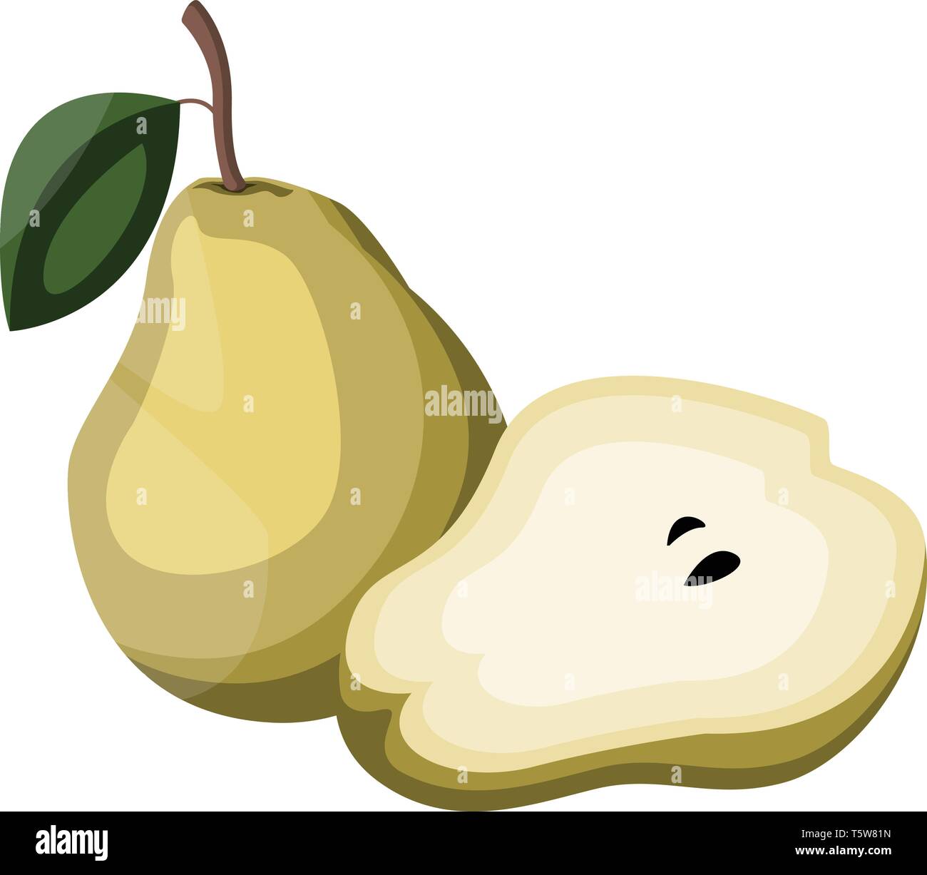 Cartoon of a yellow pear fruit with green leaf half a pear with brown ...
