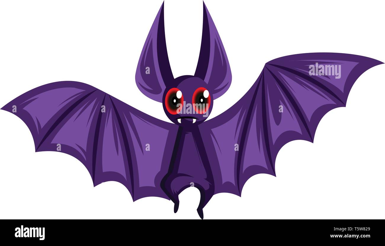 Scared purple bat with red eyes and big wings vector illustration on ...