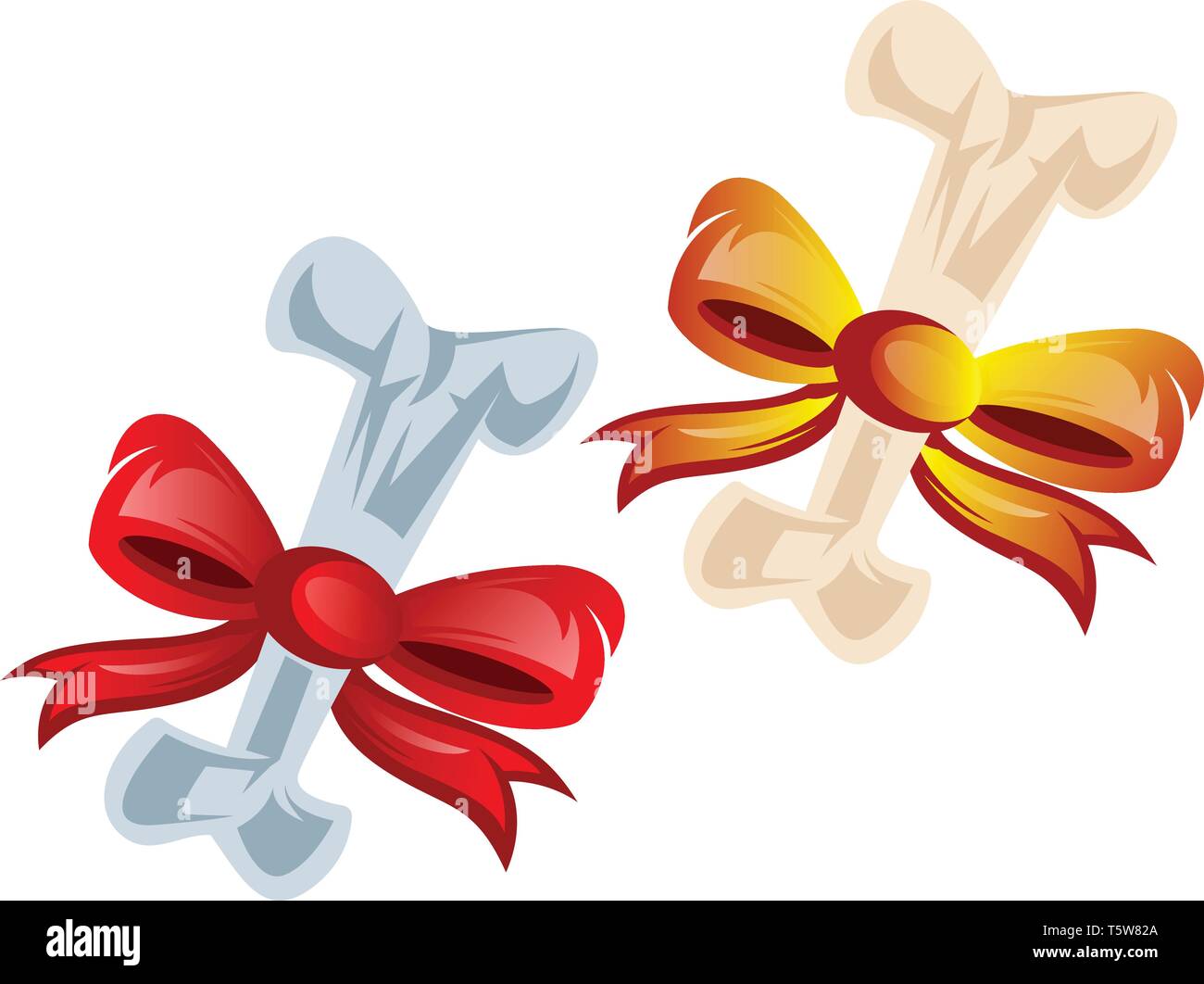 Vector illustration of two bones wraped in red and orange bows on white ...