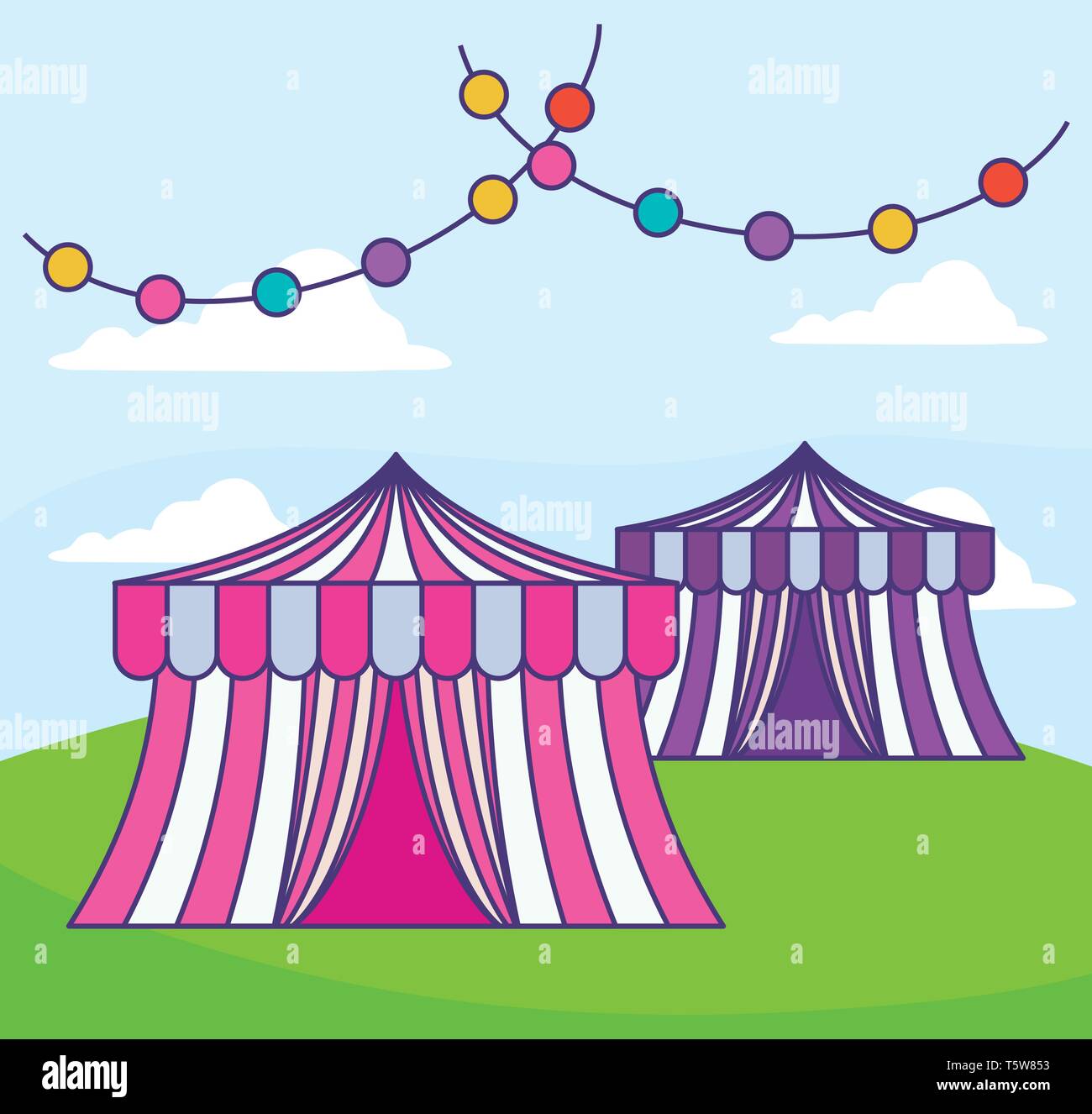 circus tents with garlands in grass vector illustration design Stock ...