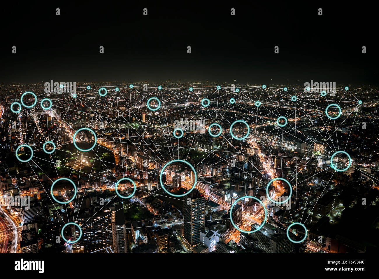 Network connection with neon light circle and Empty inside for any ...