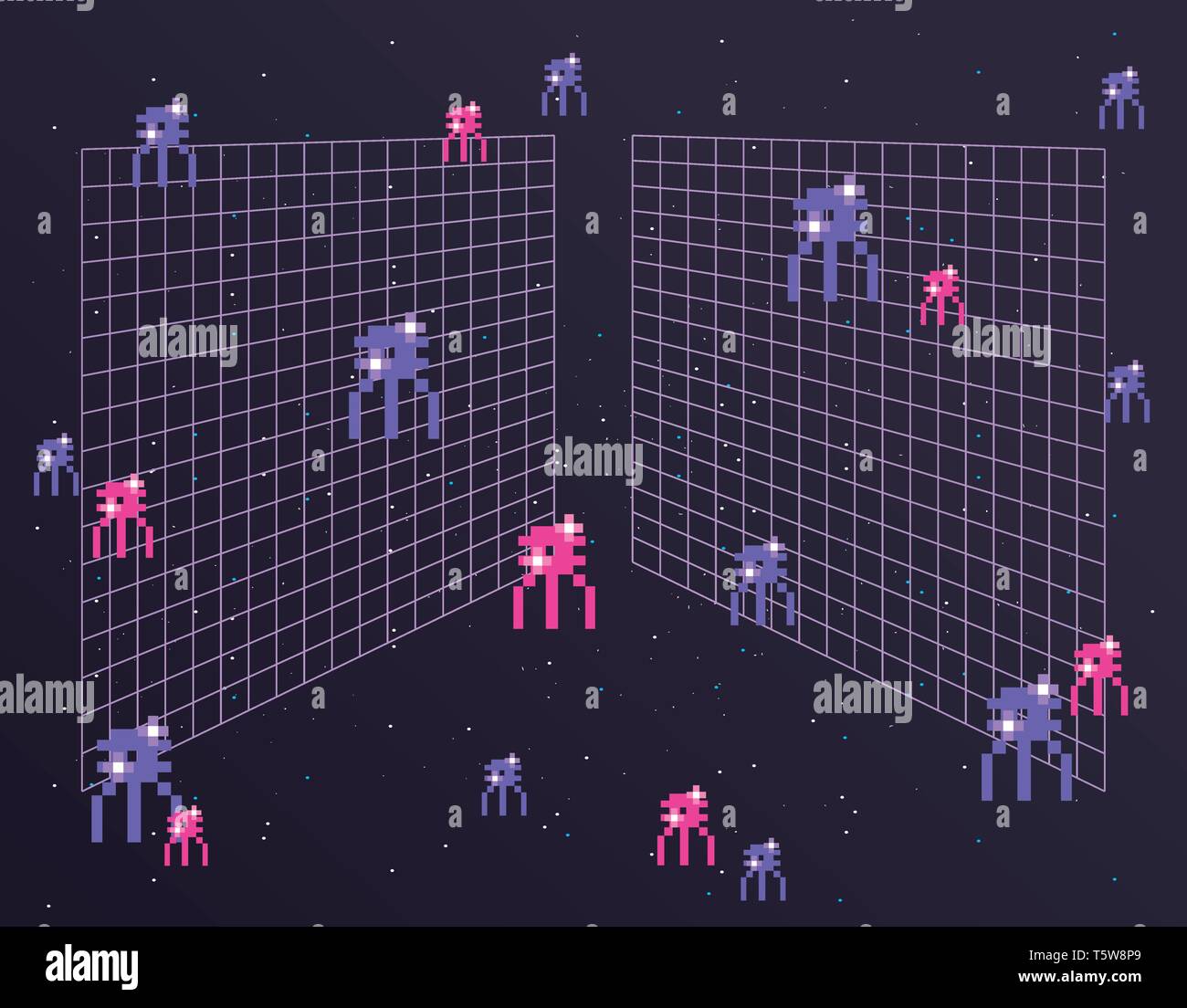 screen with pixel aliens video game retro vector illustration design ...