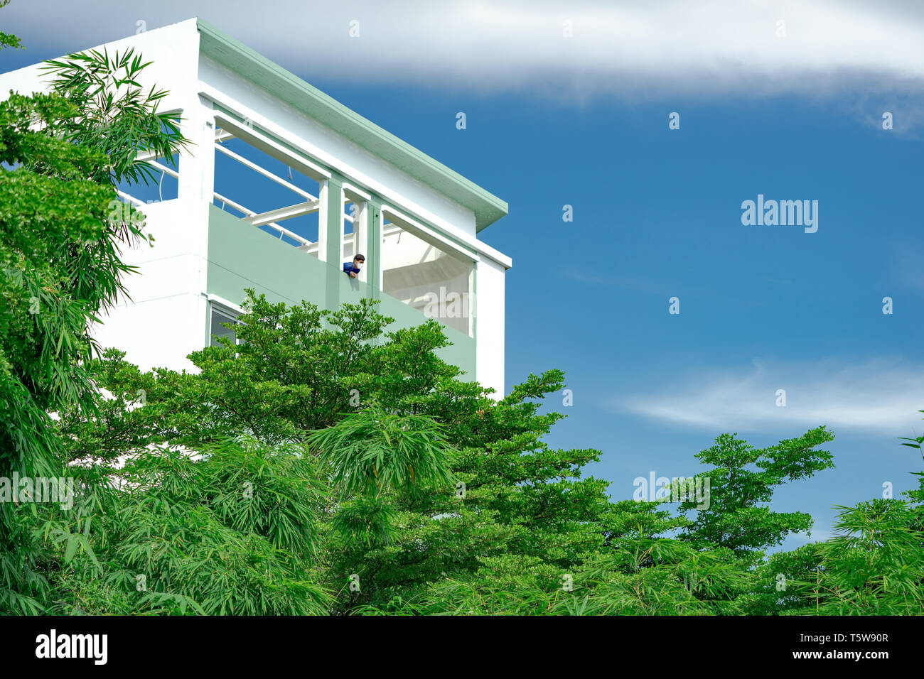 Asian labor lean out from the top of the green building which under ...