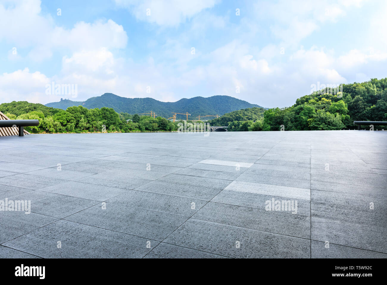 Empty square floor and green mountain with sky landscape Stock Photo ...