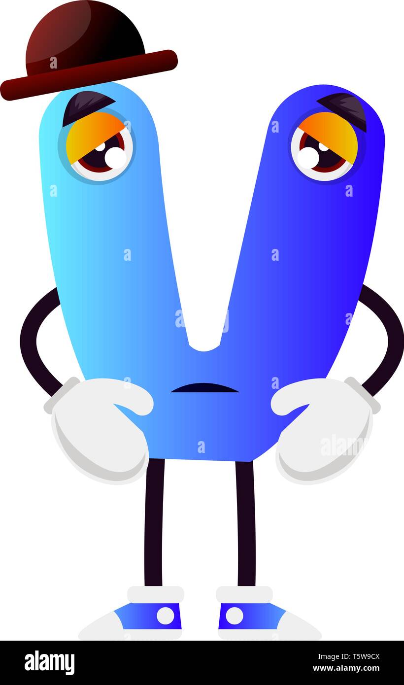 Blue letter V with brown hat vector illustration on white background ...