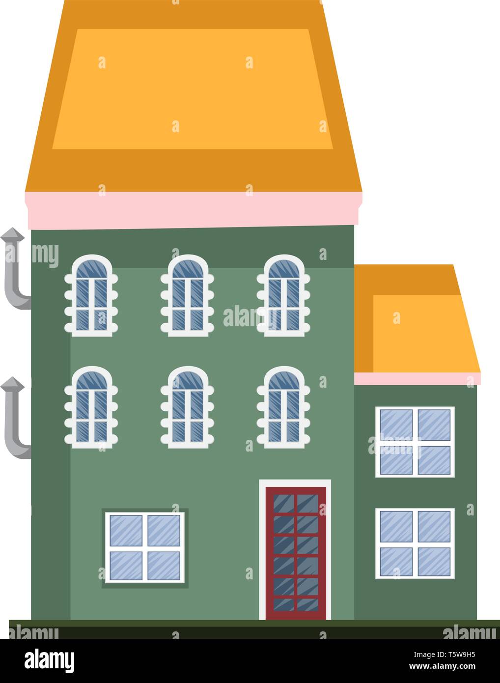 Cartoon green building with yellow roof vector illustartion on white ...