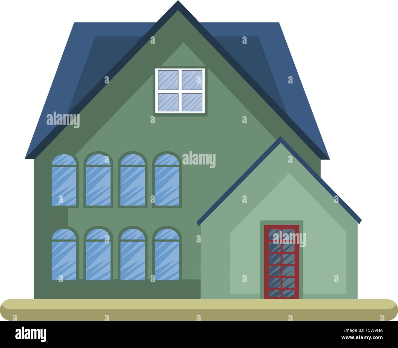 Cartoon green building with blue roof vector illustartion on white ...