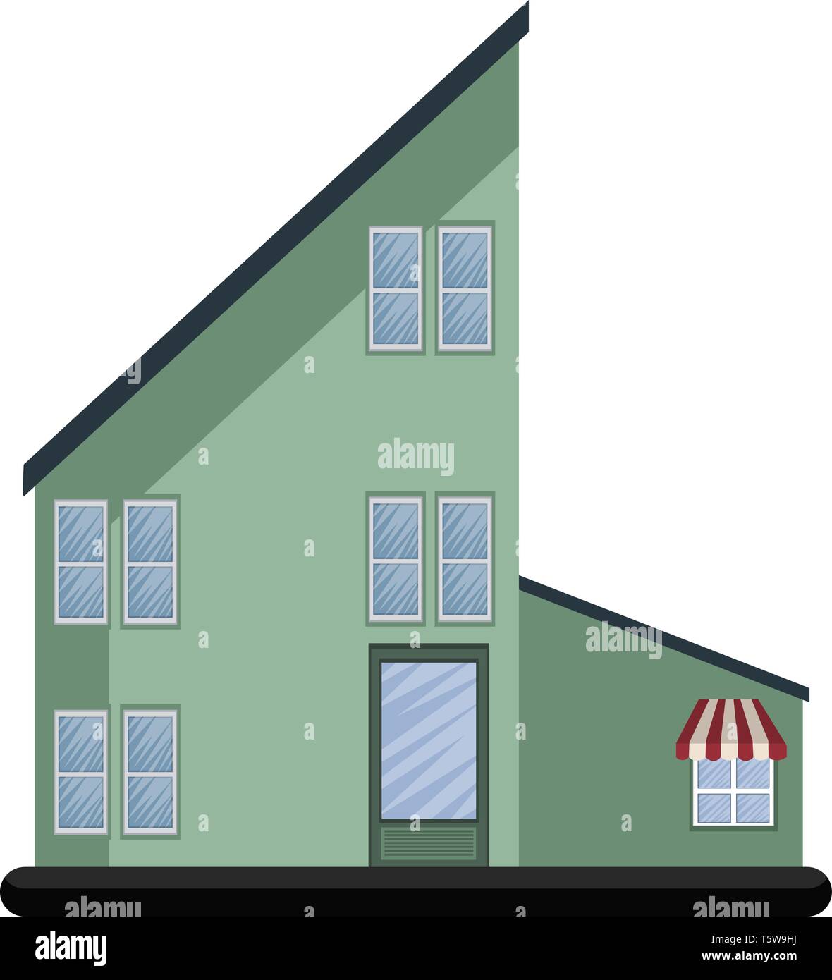 Cartoon green building with blue roof vector illustartion on white ...