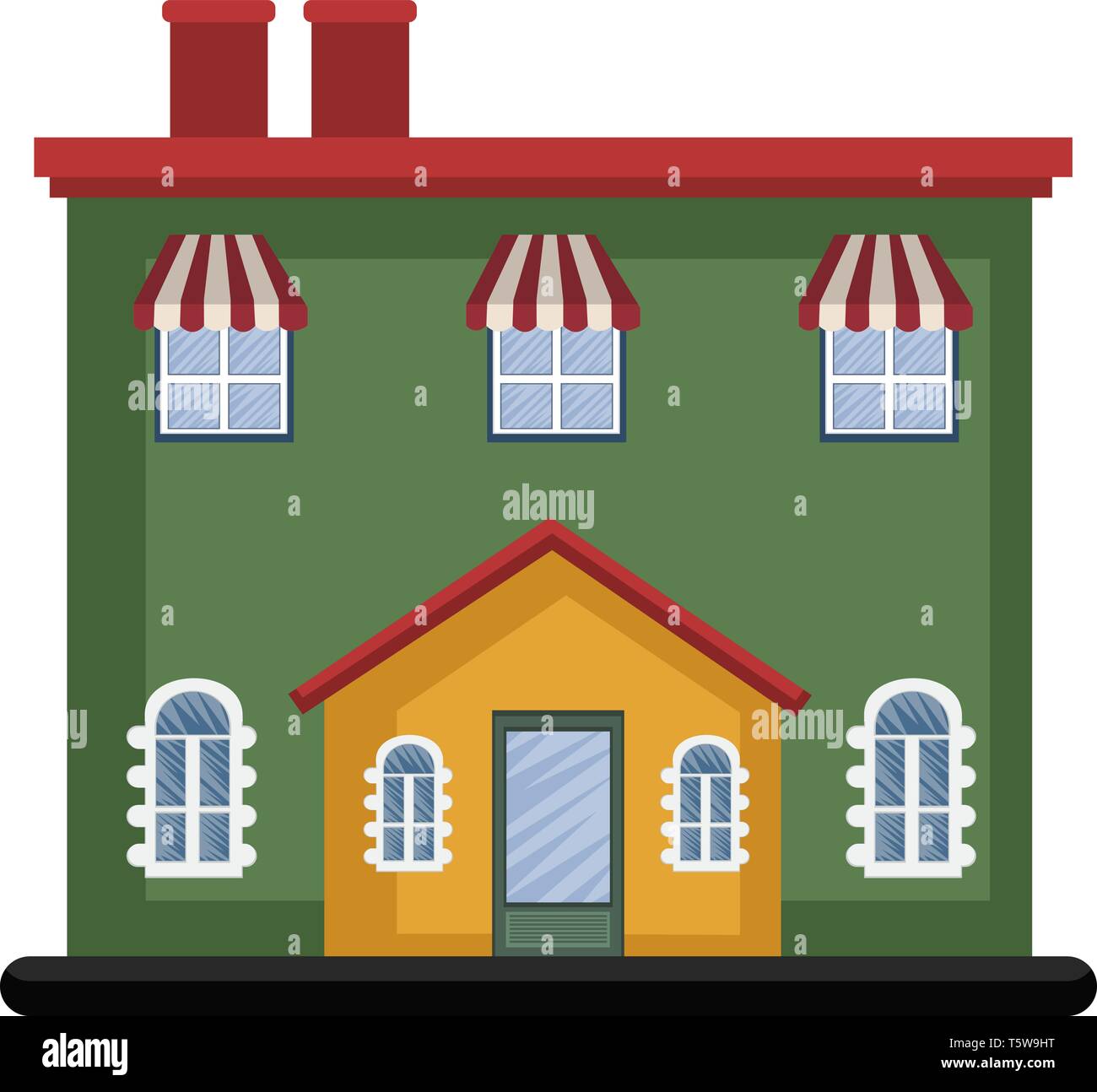 Cartoon green building with red roof vector illustartion on white ...