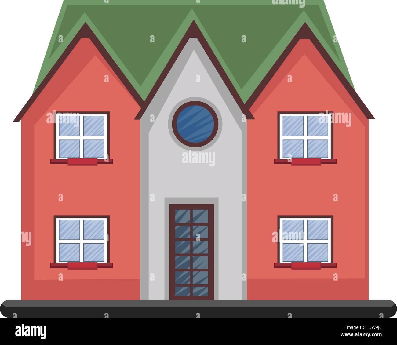 Cartoon red building with green roof vector illustartion on white ...