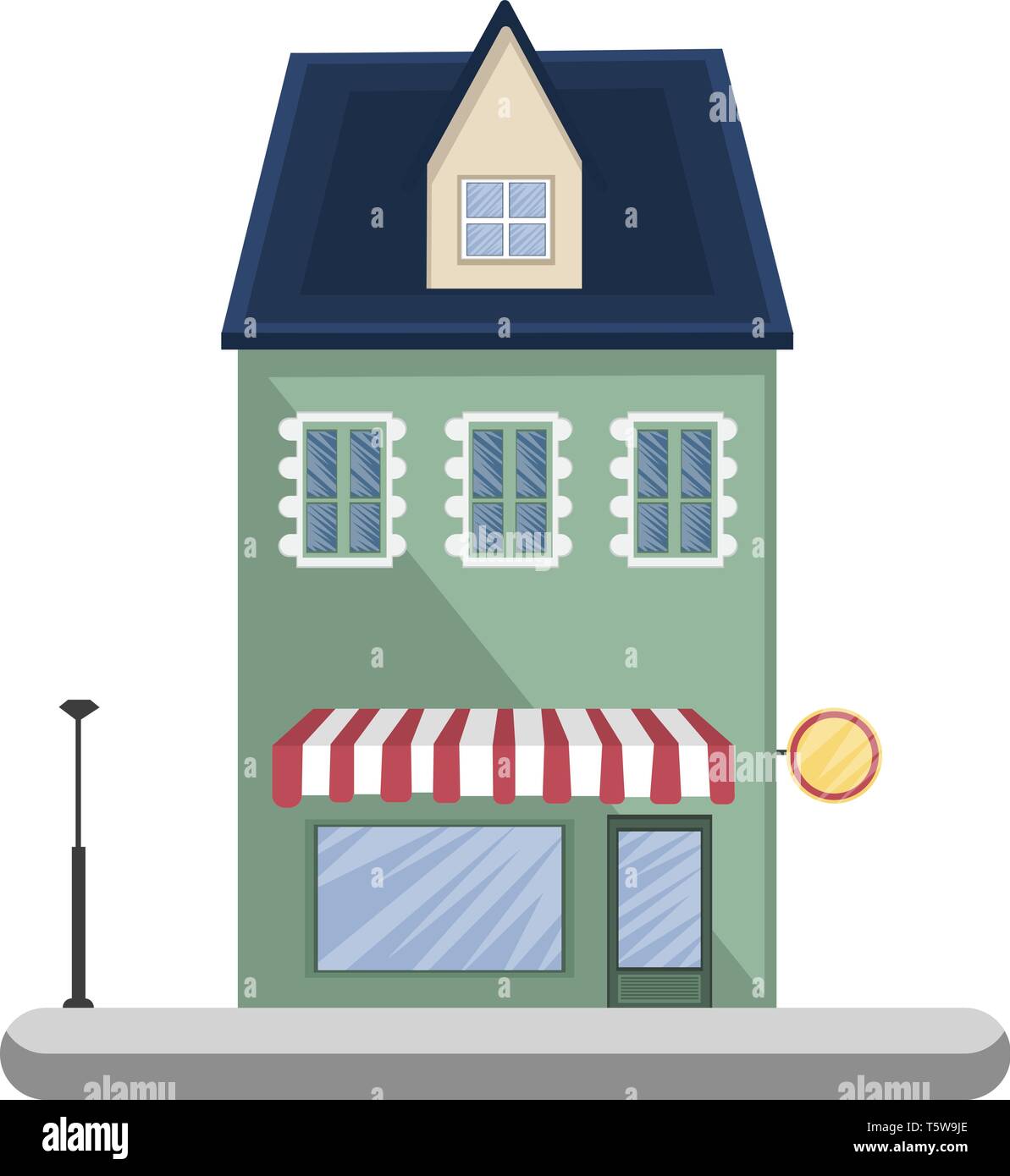 Cartoon green building with blue roof vector illustartion on white ...