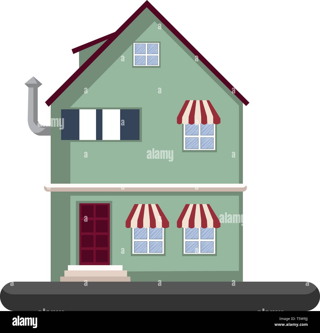 Cartoon green building with red roof vector illustartion on white ...