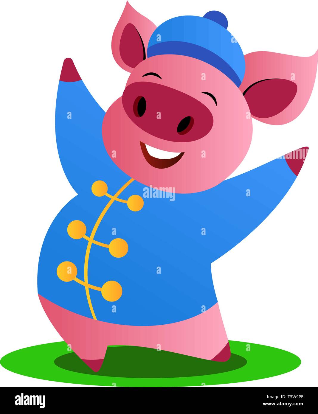 Cartoon pig in blue chinese suit vector illustration on white ...