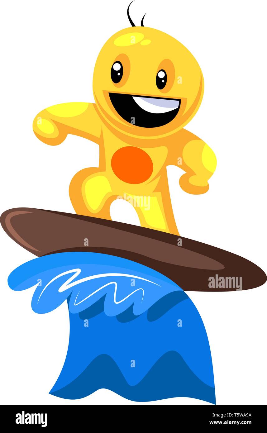 Yellow creature surfing on the wave vector illustration on a white ...