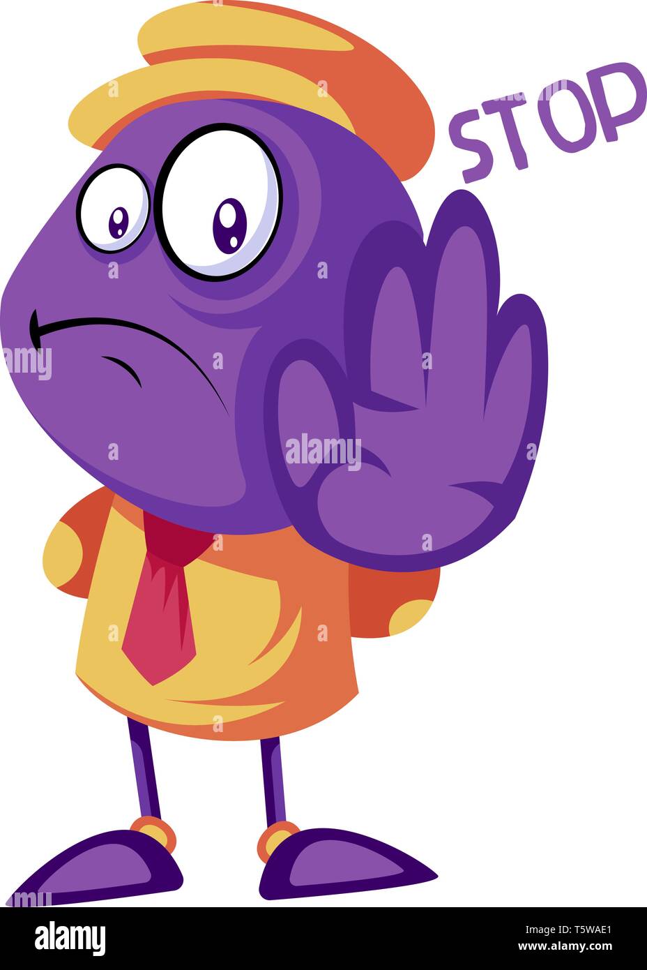 Purple creature holding hand and saying Stop vector illustration on a ...