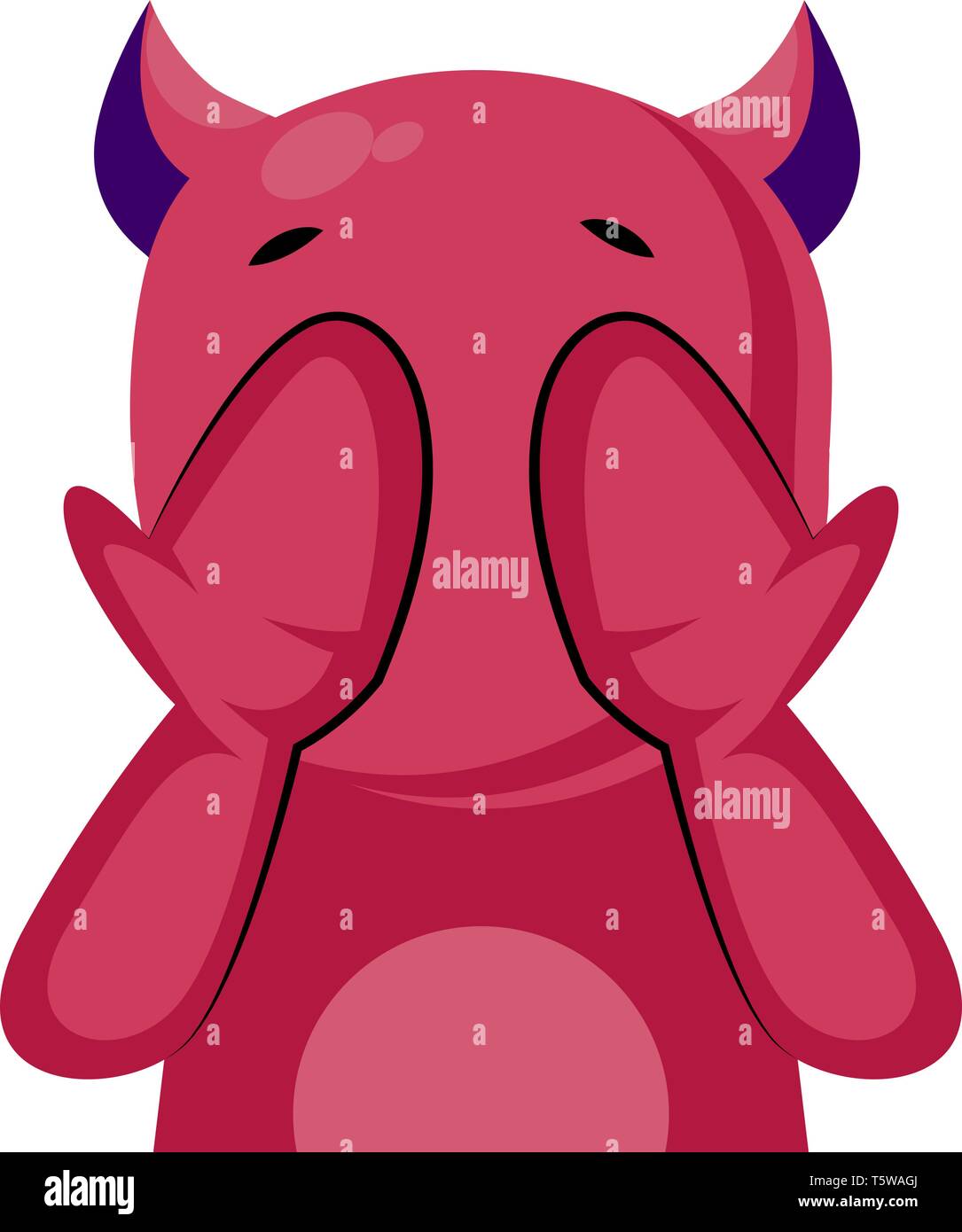 Scared pink monster with horns covering eyes with hands vector ...
