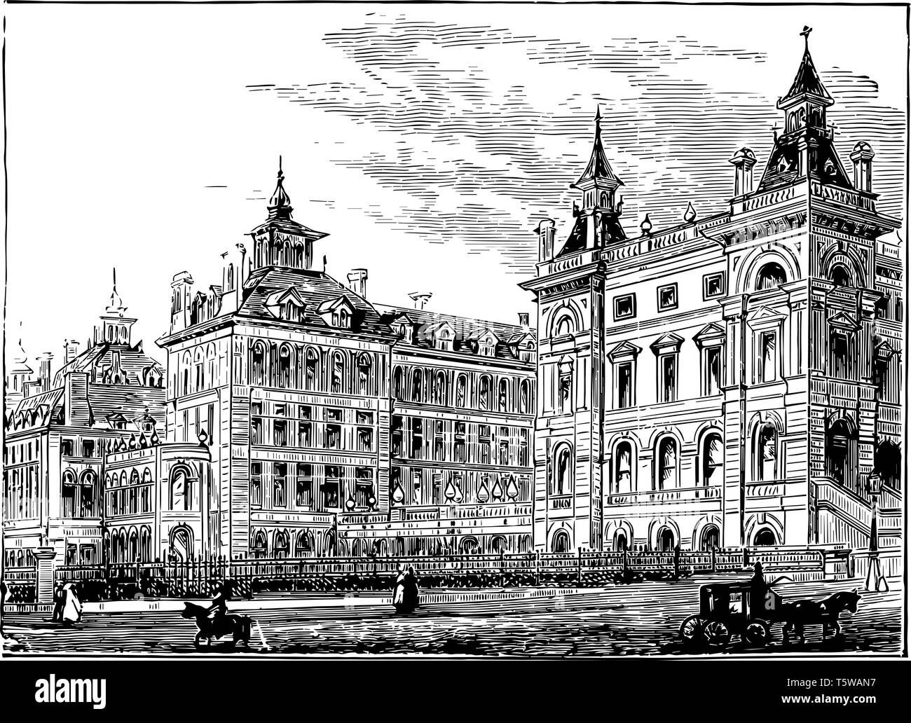 This is a hospitals huge building vintage line drawing or engraving ...