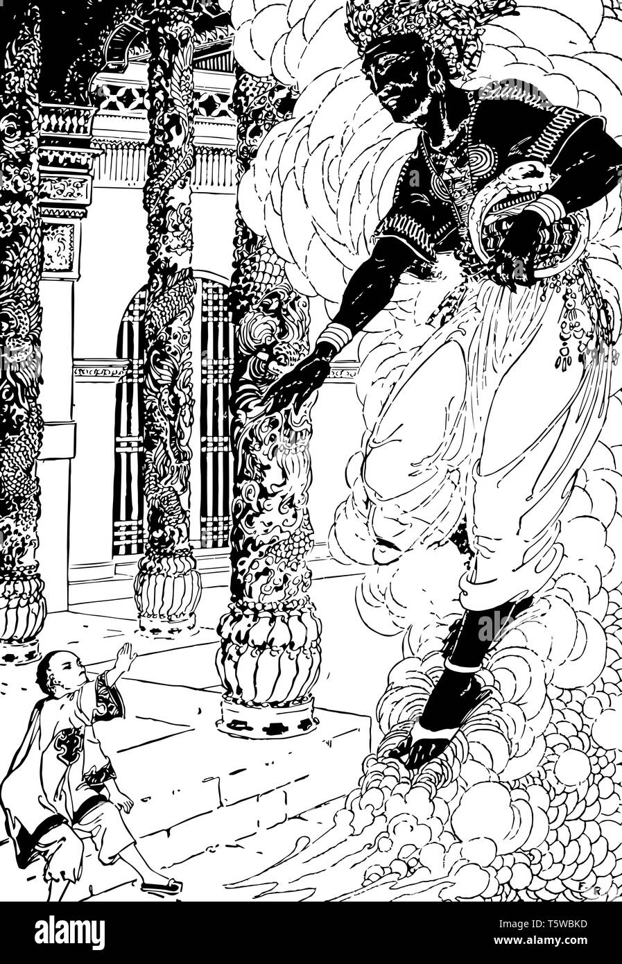 Aladdin this scene shows a standing man and seated boy both raising ...