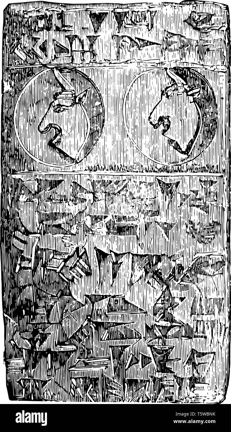 Assyrian Tablet have very old pattern vintage line drawing or engraving ...