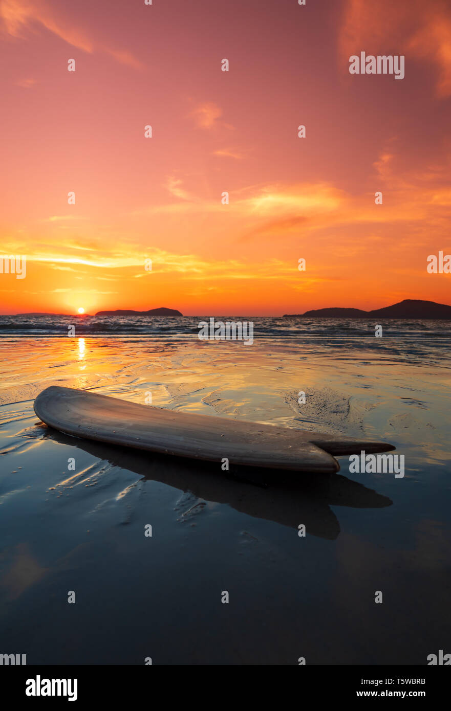 surfboard on the beach in sea shore at sunset time with beautiful light ...