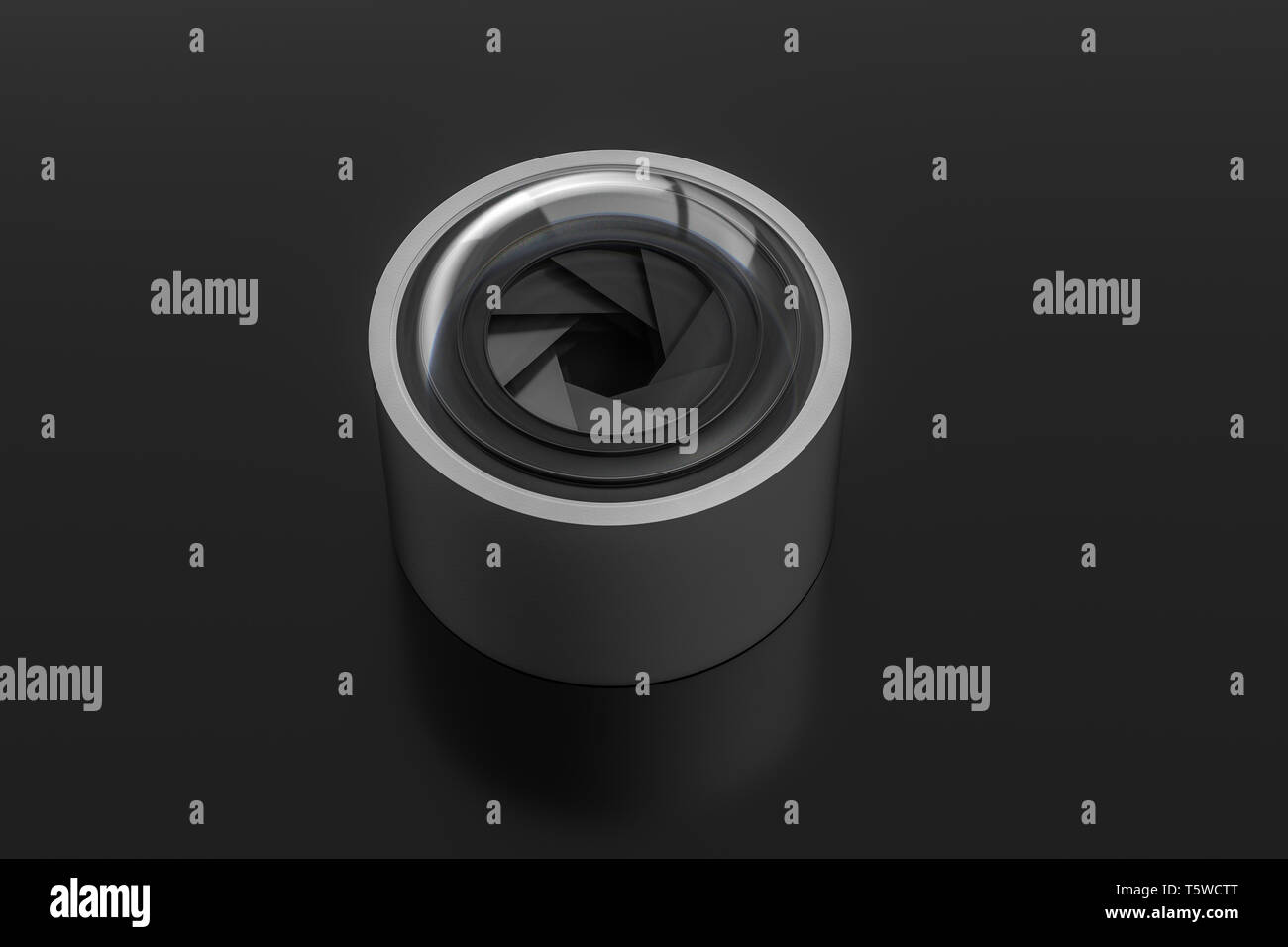 3d rendering, camera lens in a dark studio background. Computer digital ...