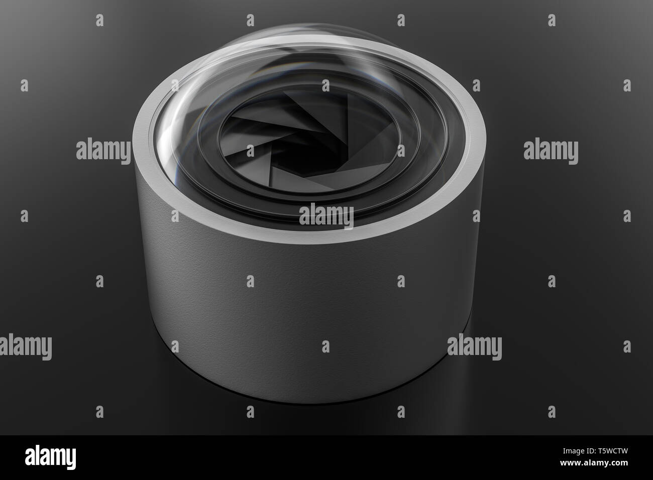 3d rendering, camera lens in a dark studio background. Computer digital ...