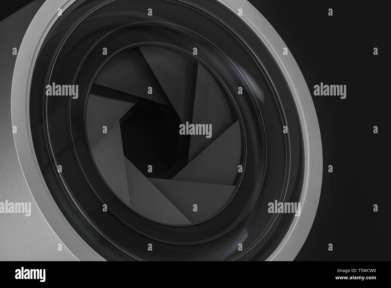 3d rendering, camera lens in a dark studio background. Computer digital ...