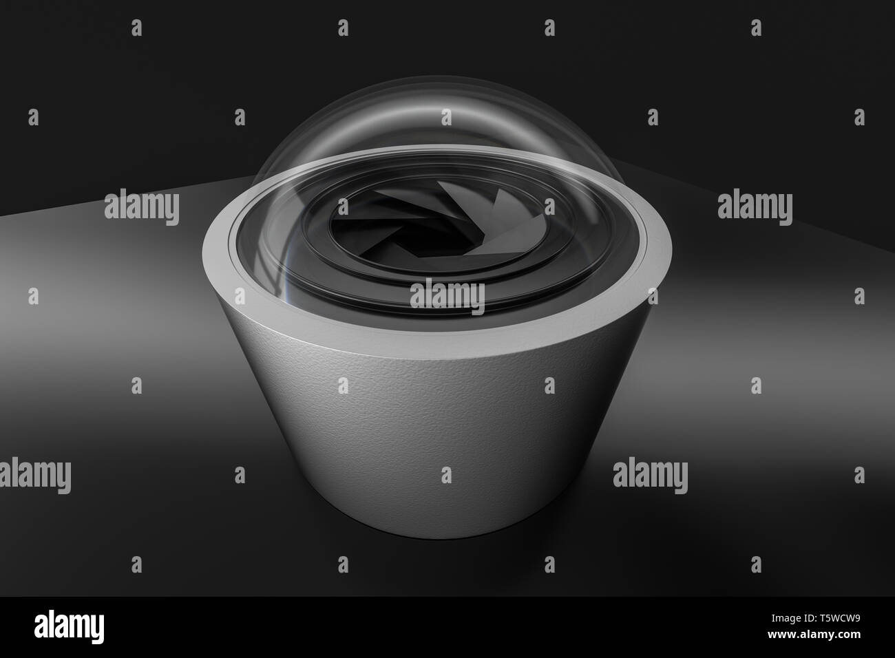 3d rendering, camera lens in a dark studio background. Computer digital ...