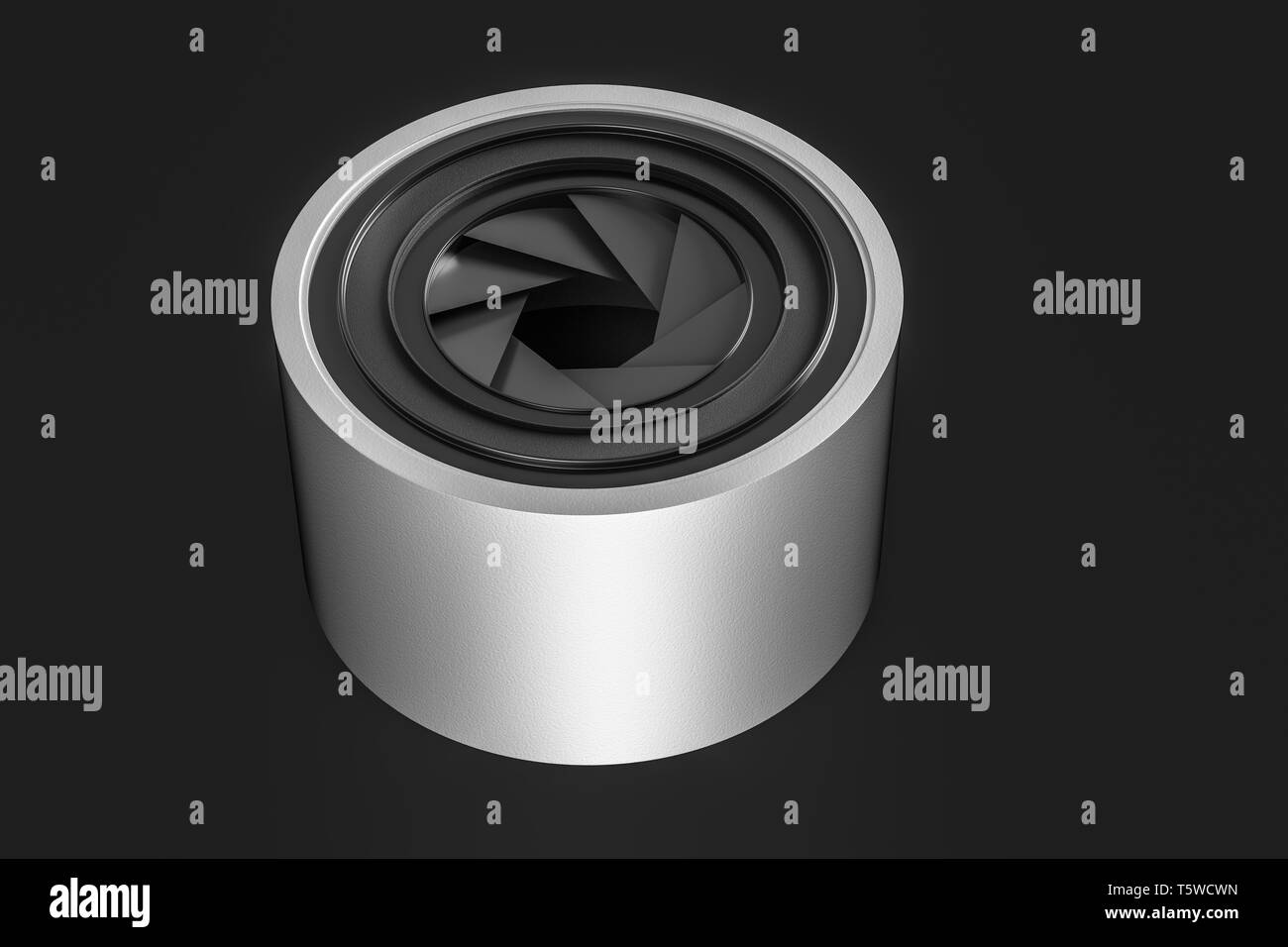 3d rendering, camera lens in a dark studio background. Computer digital ...