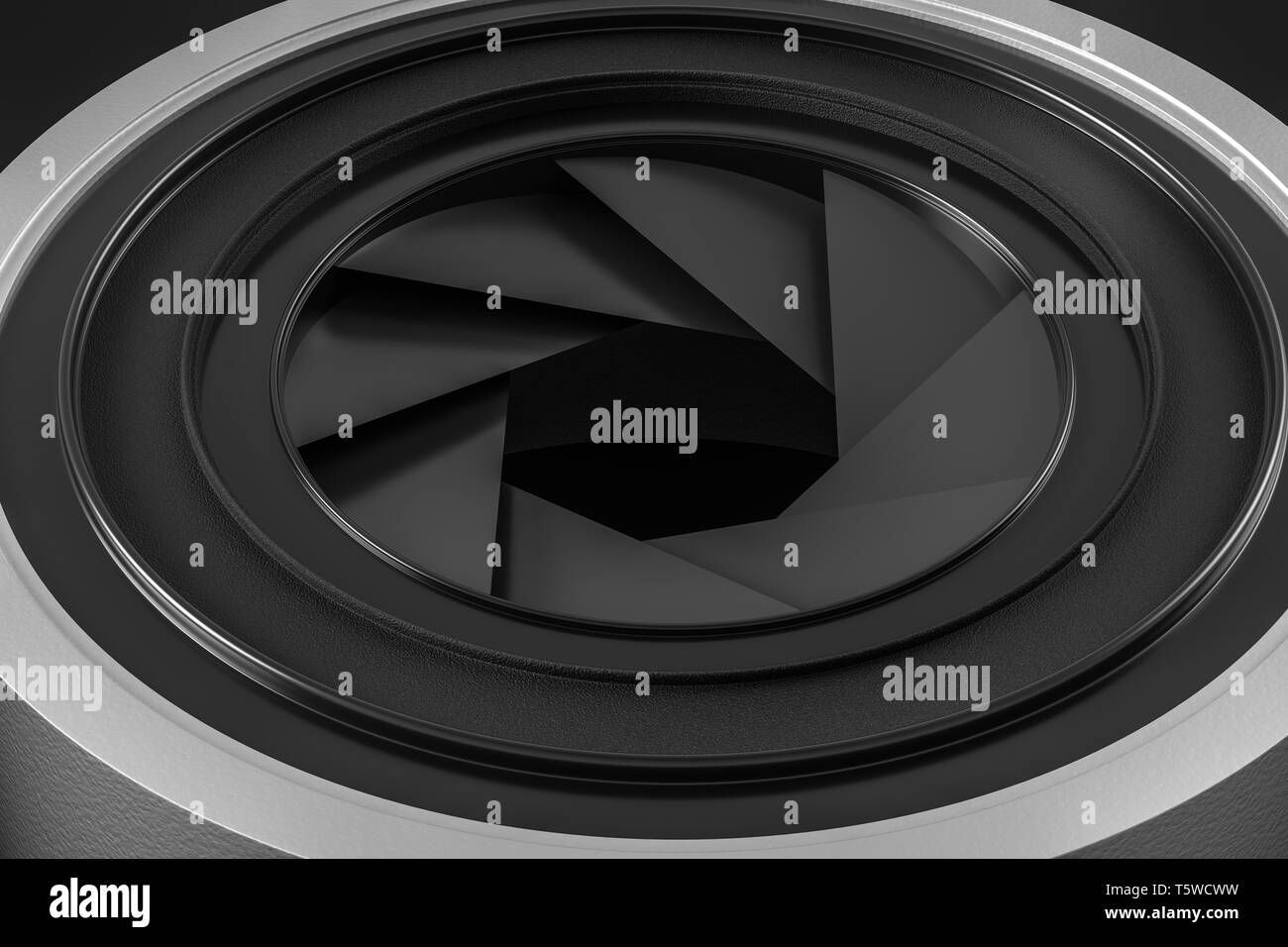 3d rendering, camera lens in a dark studio background. Computer digital ...