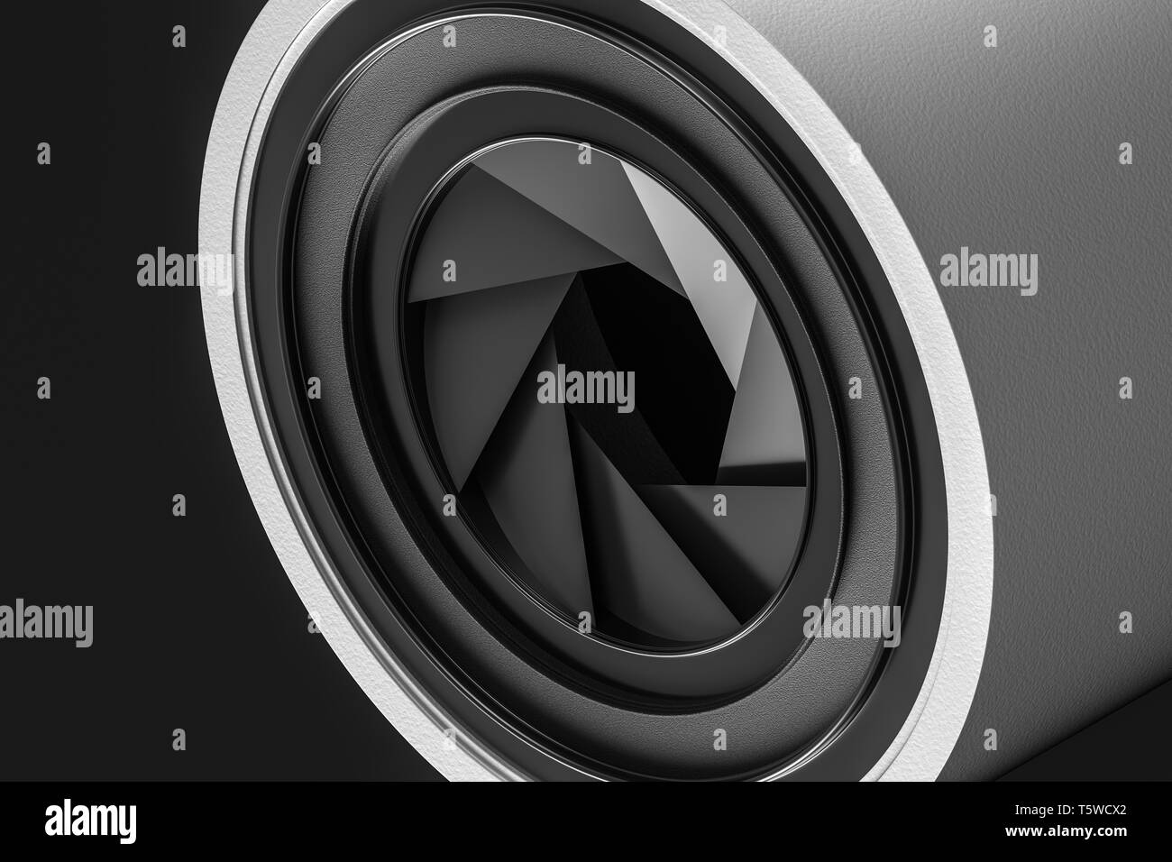 3d rendering, camera lens in a dark studio background. Computer digital ...