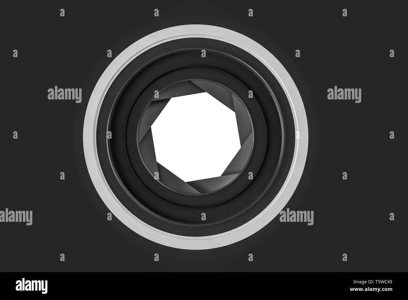 3d rendering, camera lens in a dark studio background. Computer digital ...