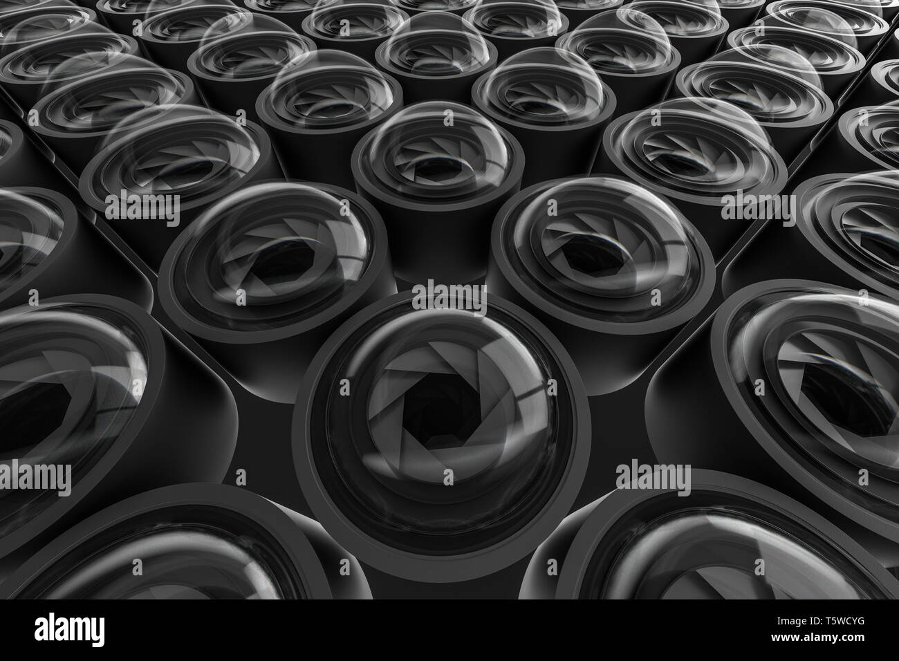 3d rendering, camera lens in a dark studio background. Computer digital ...