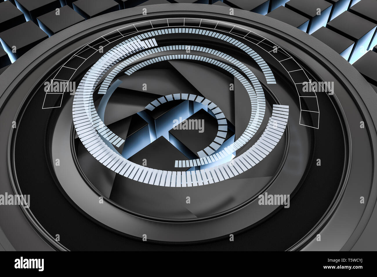 3d rendering, camera lens in a dark studio background. Computer digital ...