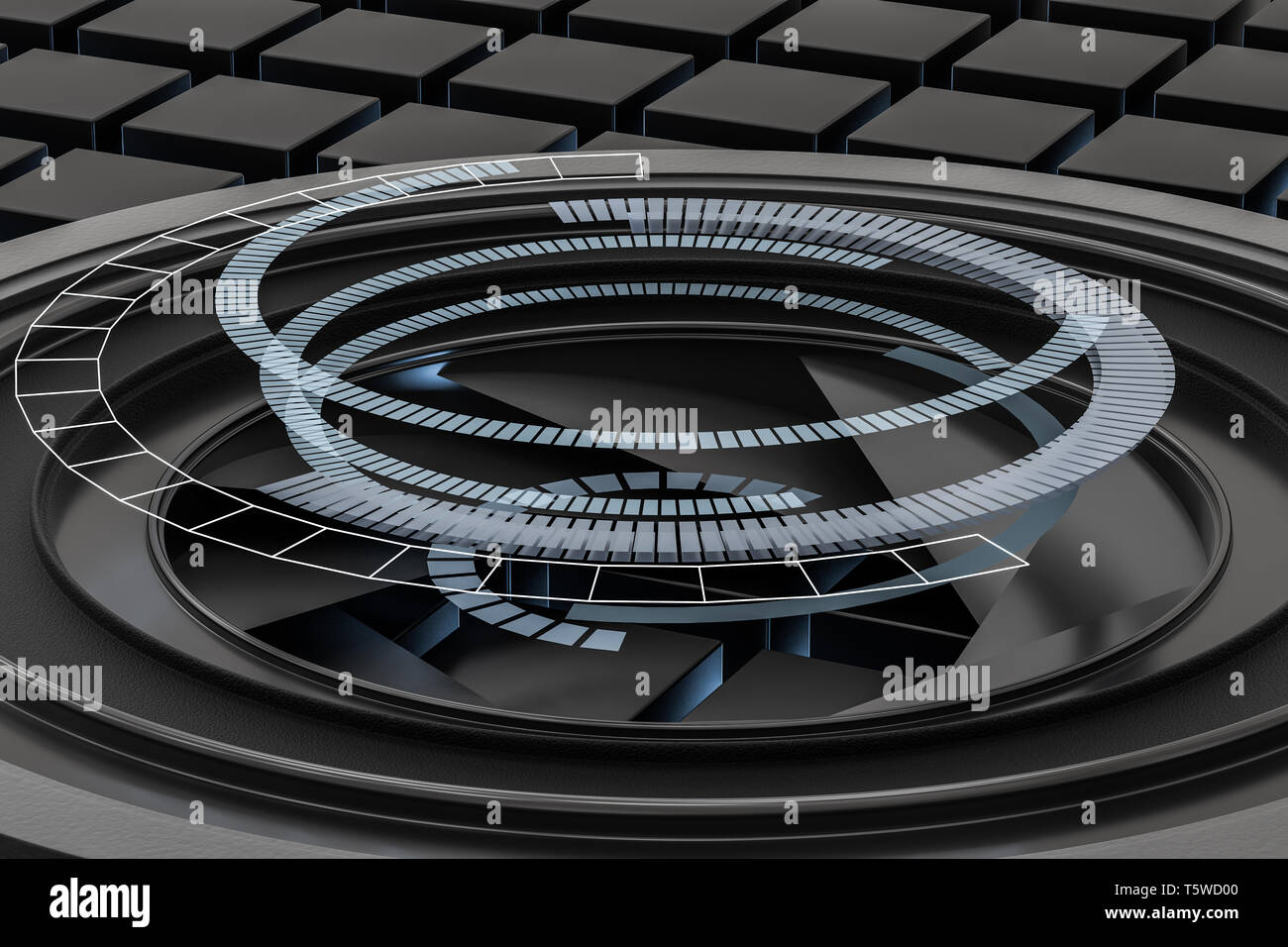 3d rendering, camera lens in a dark studio background. Computer digital ...