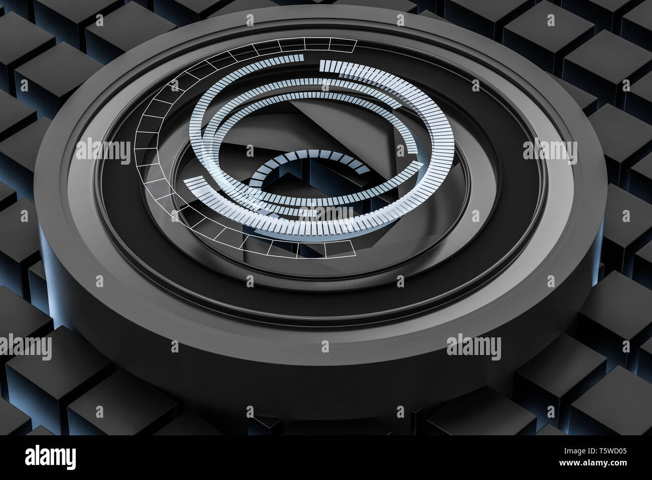 3d rendering, camera lens in a dark studio background. Computer digital ...