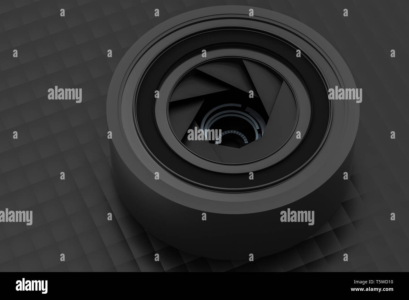 3d rendering, camera lens in a dark studio background. Computer digital ...
