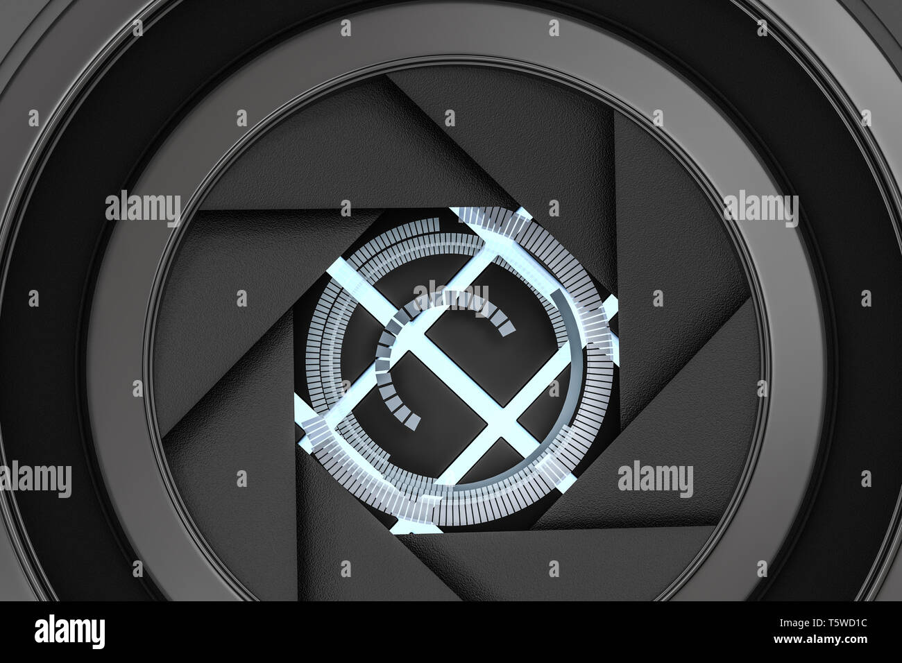 3d rendering, camera lens in a dark studio background. Computer digital ...