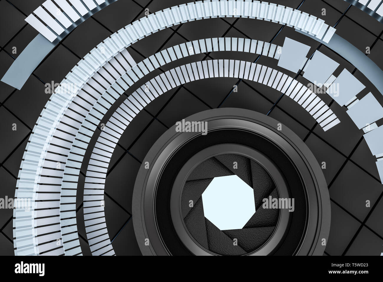 3d rendering, camera lens in a dark studio background. Computer digital ...
