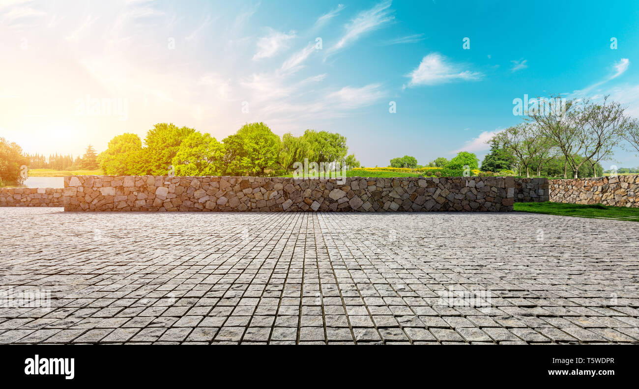 Rough square stone floor and green woods with sky background Stock ...