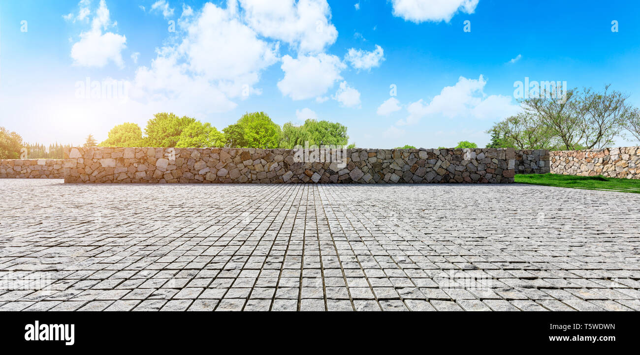 Rough square stone floor and green woods with sky background Stock ...