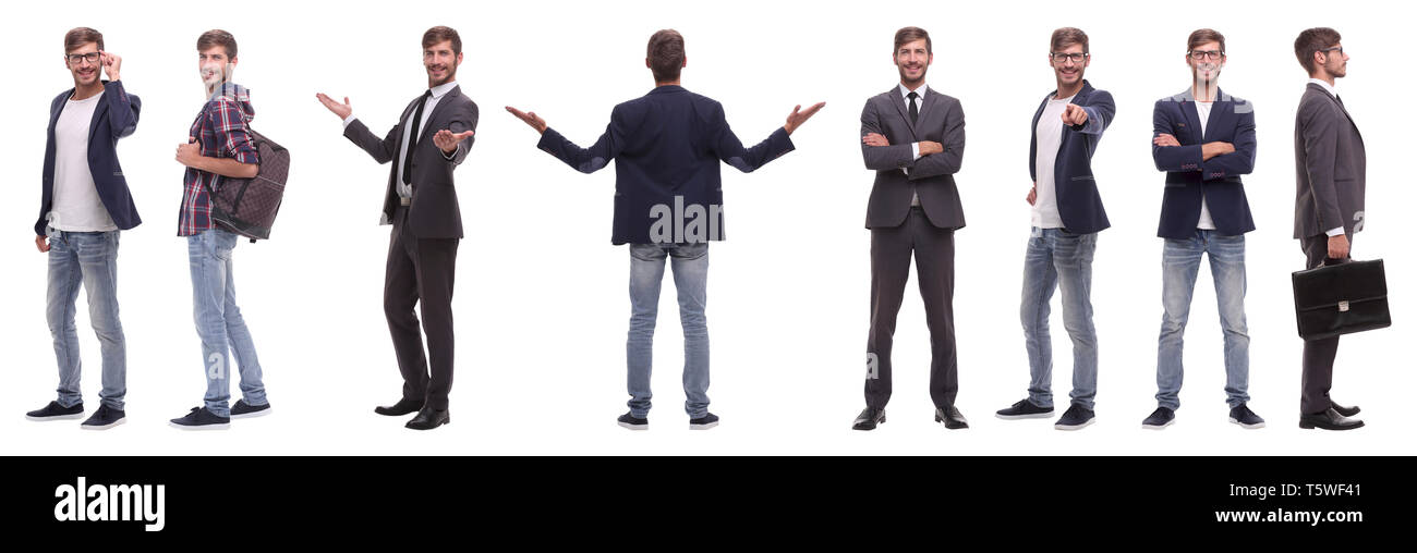panoramic collage of self-motivated young man .isolated on white ...
