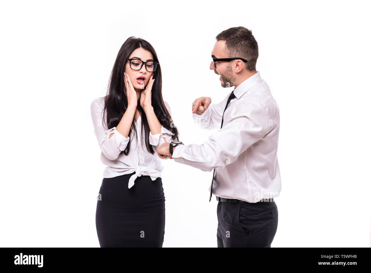 Photo of displeased angry quarrel business colleagues couple isolated ...