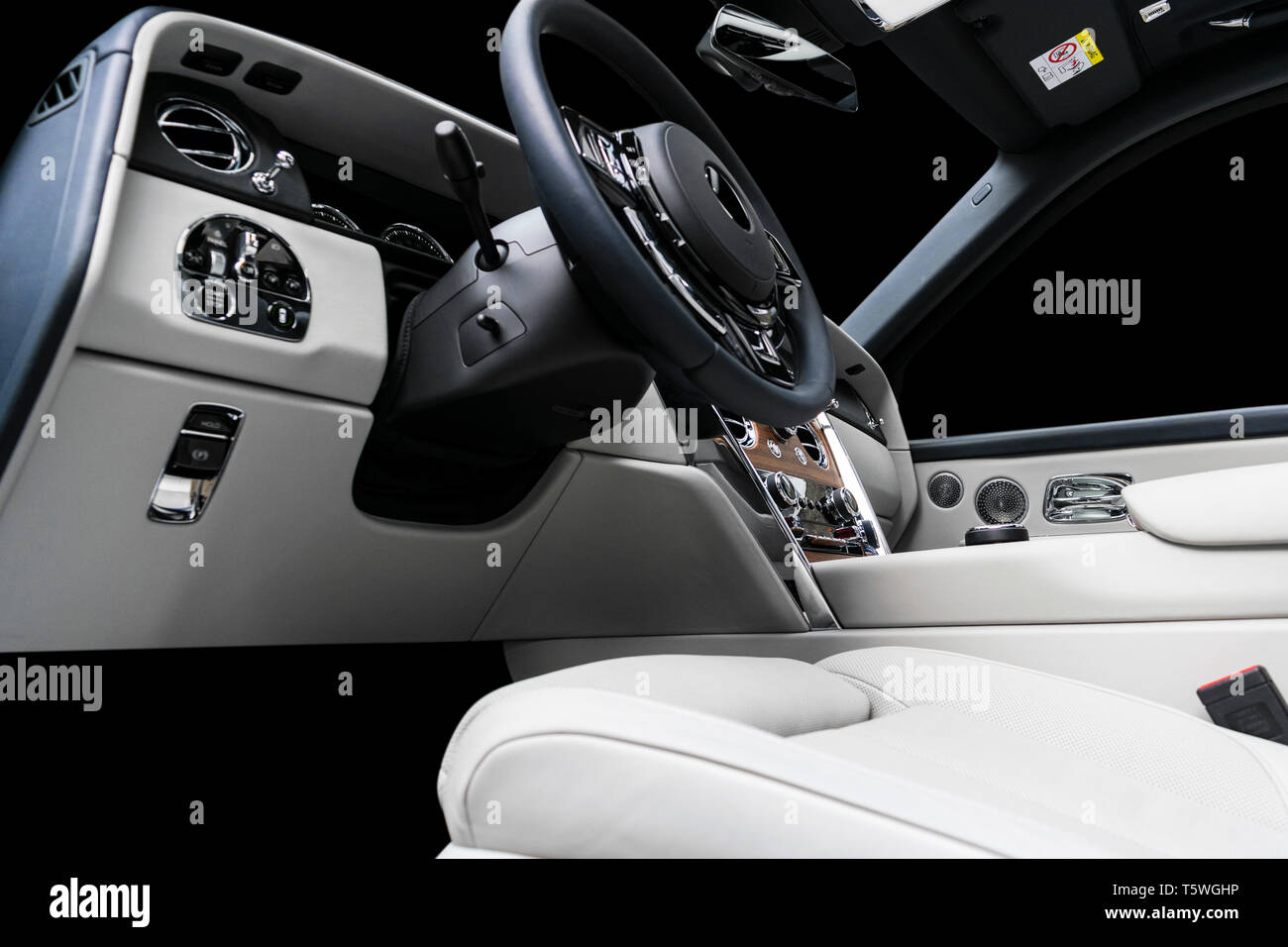 Modern luxury car white leather interior with natural wood panel. Part ...