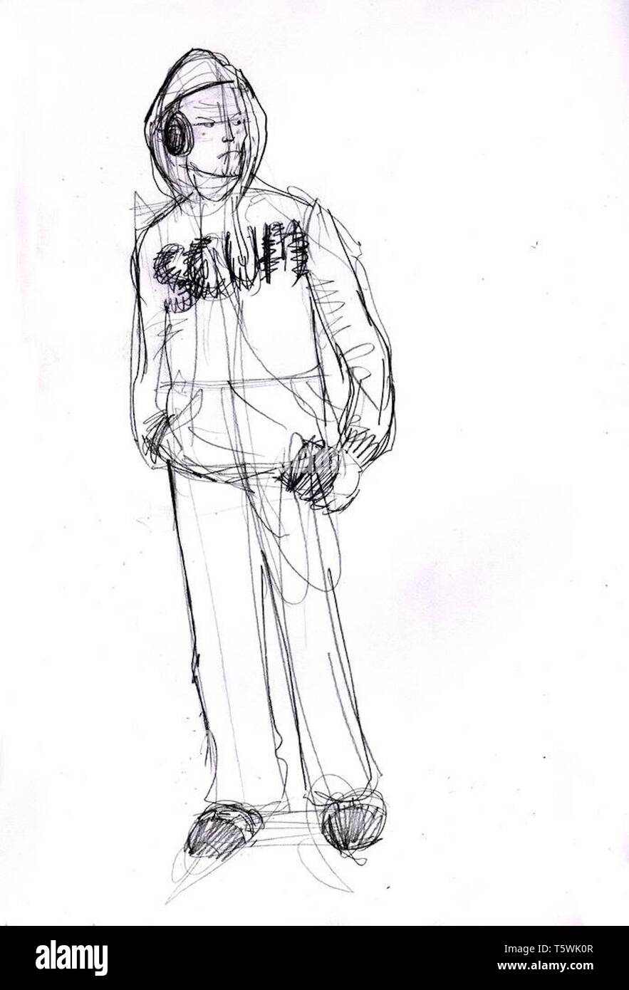 Sketch of teenager with walkman and headphones Stock Photo - Alamy