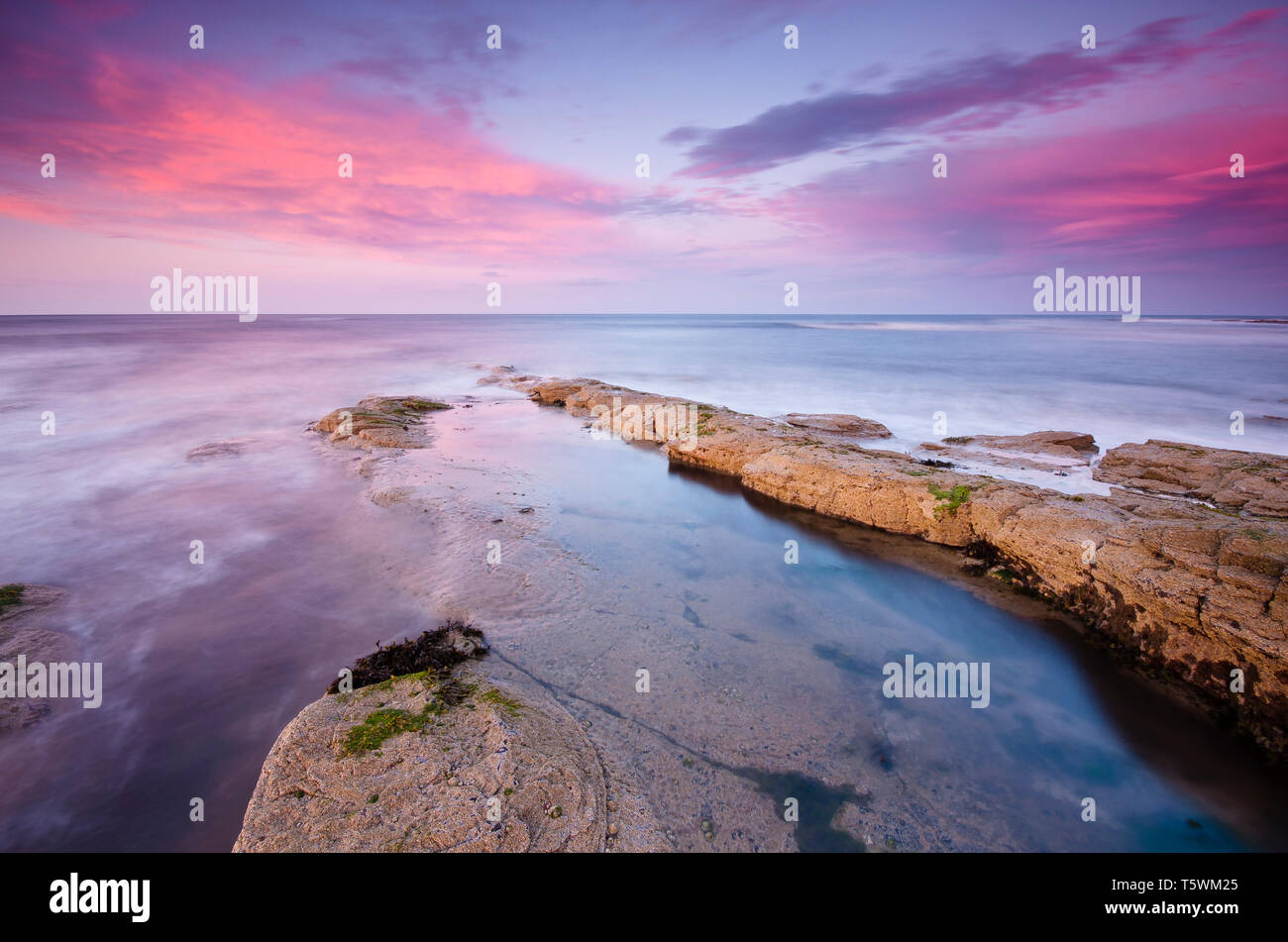 Sunset Cresswell beach & Northumberland coastline looking out into the ...