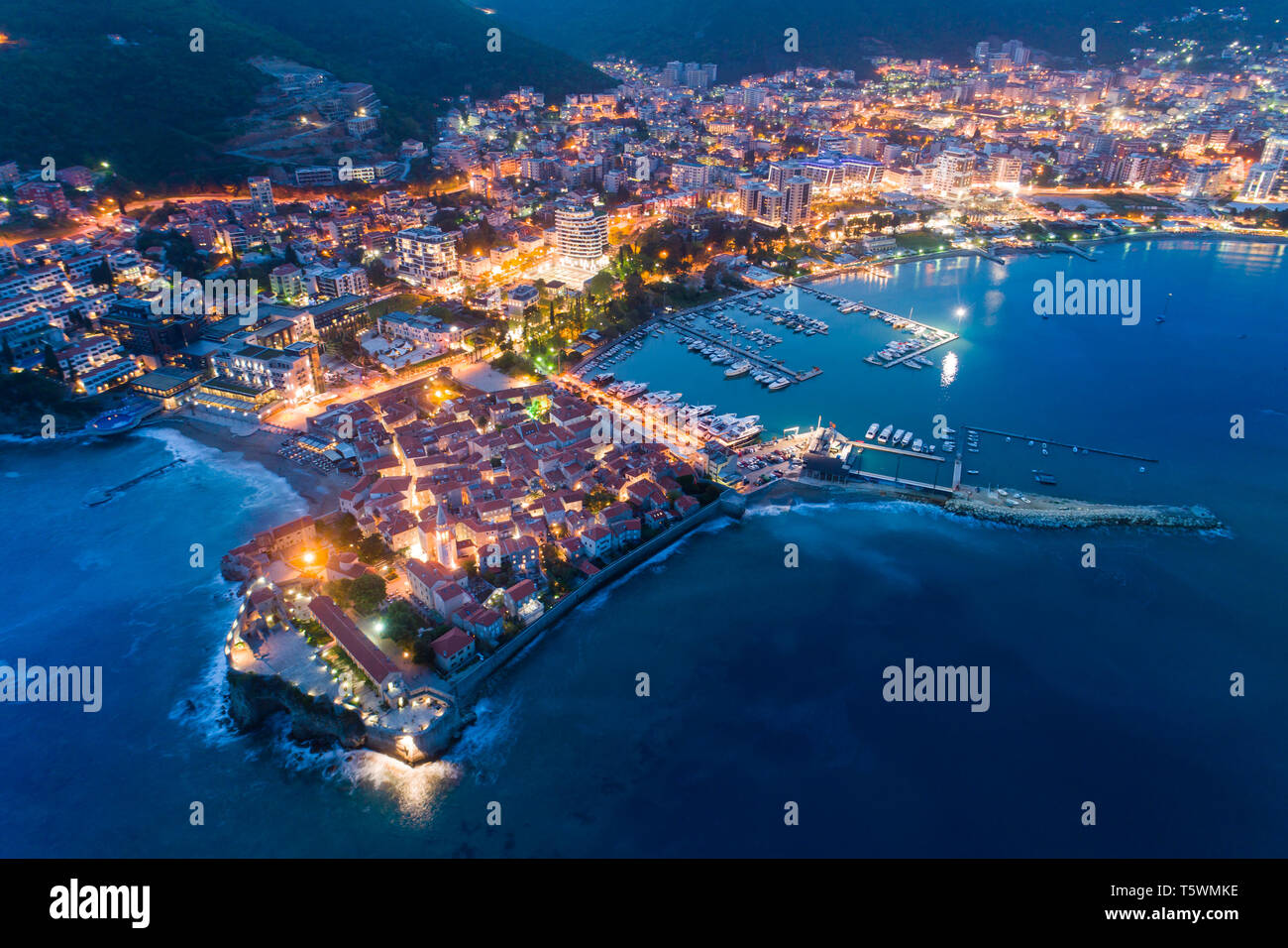 aerial view of the Old Town Budva at night Stock Photo - Alamy