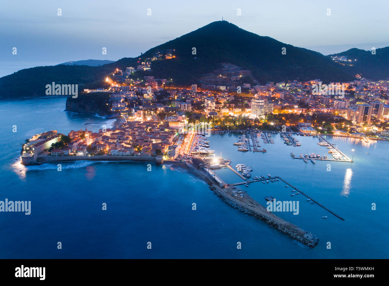 aerial view of the Old Town Budva at night Stock Photo - Alamy